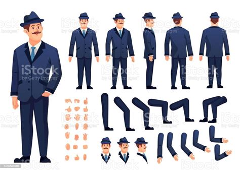 비즈니스 생성자 정장 캐릭터 생성기 우아한 신사 또는 모자 애니메이션 제작자 사무실 캐릭터 키트 남성 아바타 얼굴 벡터 일러스트