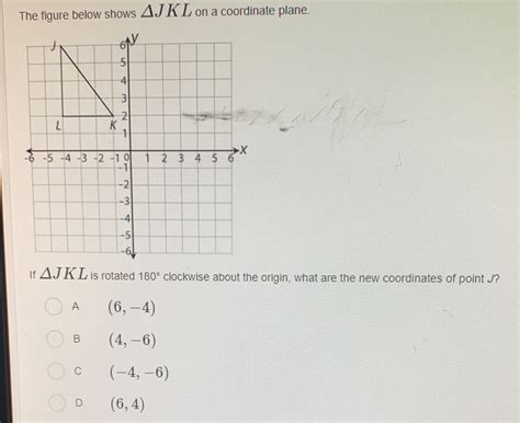 Solved The Figure Below Shows Delta Jkl On A Coordinate Plane If Delta Jkl Is Rotated 180