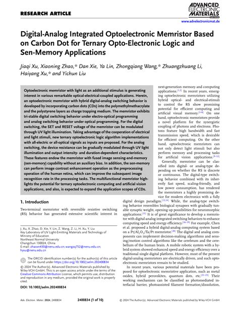 Pdf Digital‐analog Integrated Optoelectronic Memristor Based On Carbon Dot For Ternary Opto