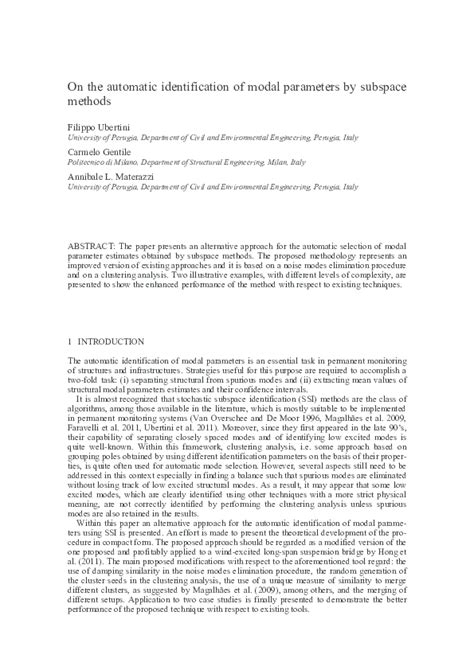 Pdf On The Automatic Identification Of Modal Parameters By Subspace Methods