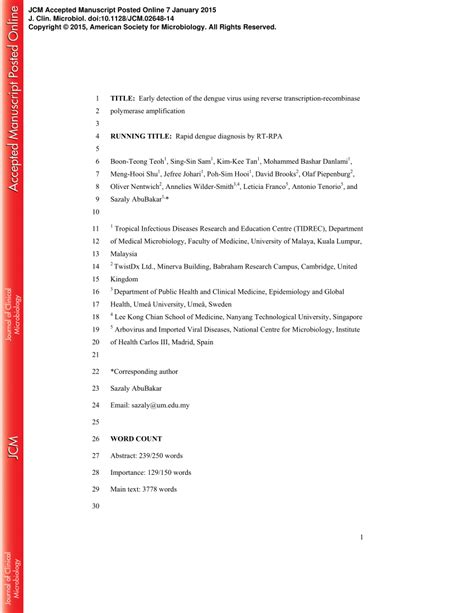 Pdf Early Detection Of Dengue Virus By Use Of Reverse Transcription