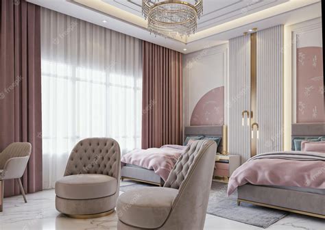 3d 렌더링 럭셔리 신고전주의 여자 핑크 침실 인테리어 프리미엄 사진