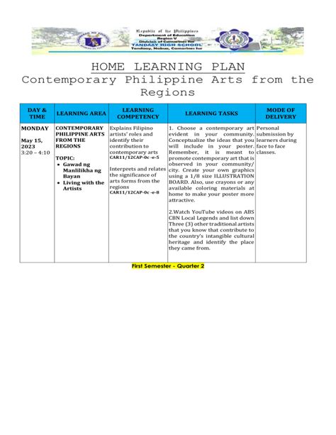 Home Learning Plan Contemporary Philippine Arts