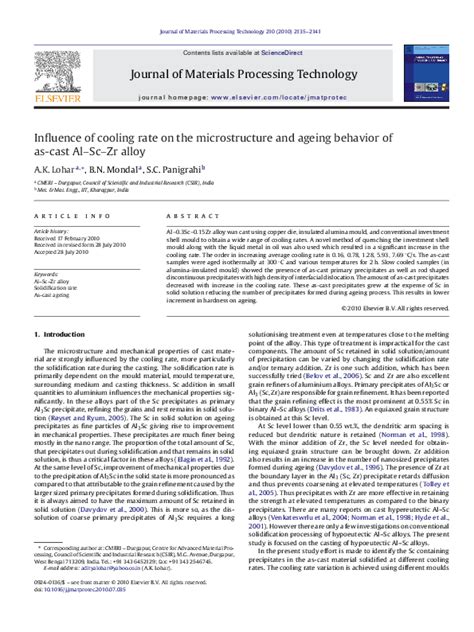 Pdf Influence Of Cooling Rate On The Microstructure And Ageing Behavior Of As Cast Al Sc Zr Alloy