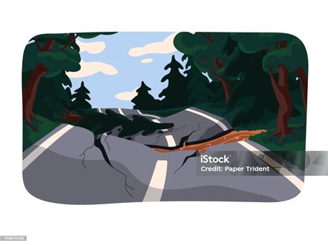 천재지변 지진 숲 쓰러진 전나무 갈라진 부서진 도로 폐허가 된 아스팔트 지구 파괴 파괴된 풍경 지진 환경 지진 활동 평면 벡터 그림 도로에 대한 스톡 벡터 아트 및 기타