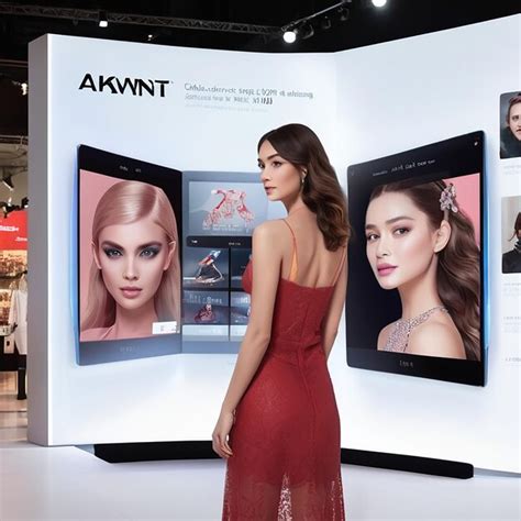 A Woman In A Red Dress Stands In Front Of A Display Of Models Premium AI Generated Image