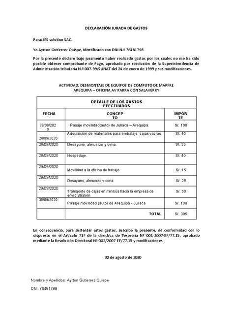 Declaracion Jurada De Gastos Pdf