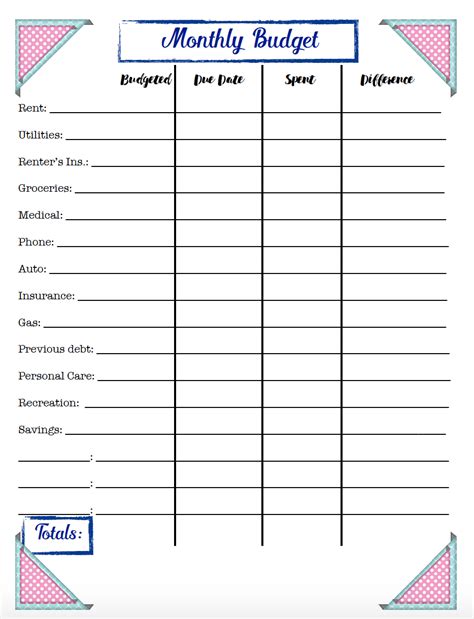 Printable Free Monthly Budget Template