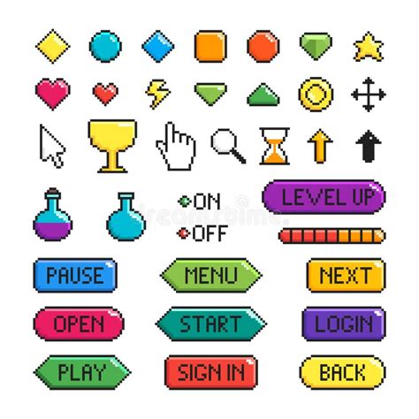 Cartoon Color Pixel Game Button Icon Set Vector Stock Vector
