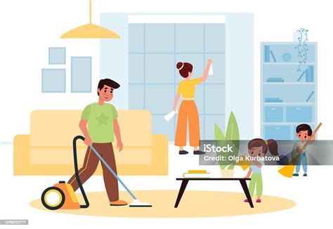 부모를 돕는 아이들 거실 인테리어의 가족 합동 집 청소 만화 아버지 어머니와 아이 가정 사람들은 세척및 진공 청소기 하우스키핑