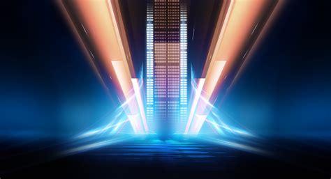 선과 스포트라이트가 있는 어두운 배경 푸른 네온 라이트 야경 추상적 인 파란색 배경입니다 미래지향적인 현대 패턴 대칭적 반사 3d 렌더 3차원 형태에 대한 스톡 사진 및