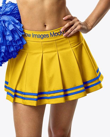 Young Cheerleader Woman With Pom Pom Wearing Crop Top And Skirt Mockup