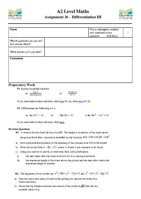 Assignment 36 Differentiation Iii A2 Level Maths Assignment 36