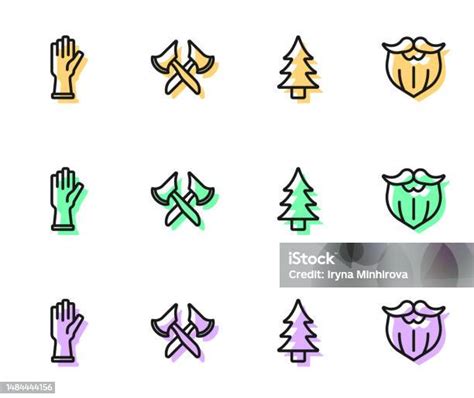 선 나무 보호 장갑 나무 도끼 및 콧수염과 수염 아이콘을 설정합니다 벡터 가루로 빻은에 대한 스톡 벡터 아트 및 기타 이미지