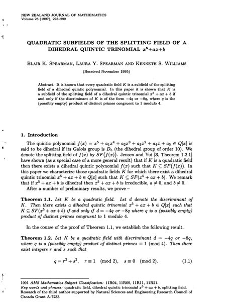 pdf quadratic subfields of the splitting field of a dihedral quintic