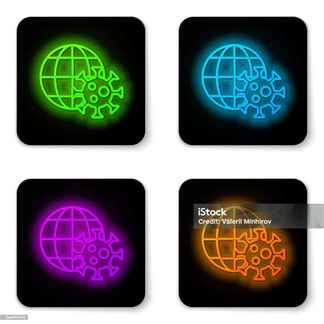흰색 배경에 고립 된 바이러스 아이콘과 빛나는 네온 라인 지구 지구 코로나 바이러스 2019ncov 박테리아와 세균 세포암 미생물 곰팡이 검은 색 사각형 버튼 벡터