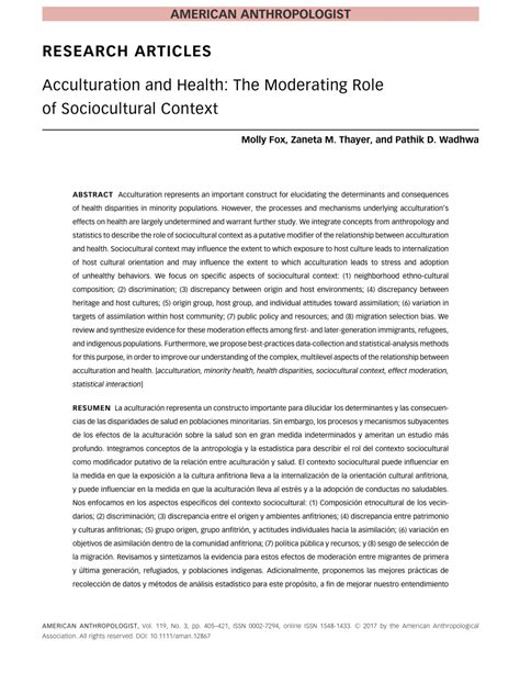 Pdf Acculturation And Health The Moderating Role Of Sociocultural