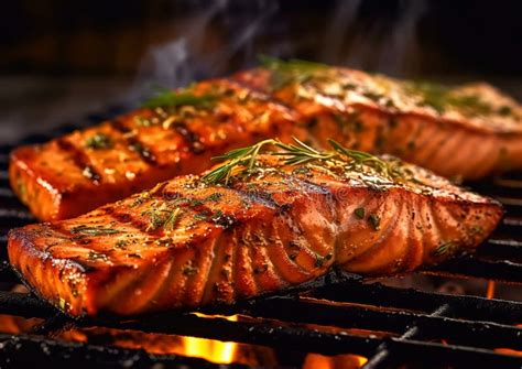 two pieces of salmon fillet on hot grill macro ai generative stock