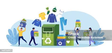 옷 재활용 의류는 재활용 기호가 있는 용기에 떨어집니다 사람들은 친환경 섬유를 만들기 위해 의류를 쓰레기통에 넣습니다 지속 가능한 에코 패션 의류 기부 자선 인도적 지원
