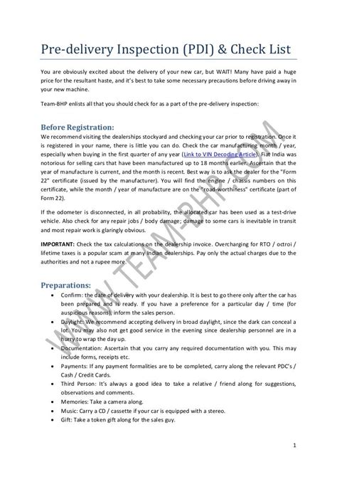 Team Bhp Pdi Checklist
