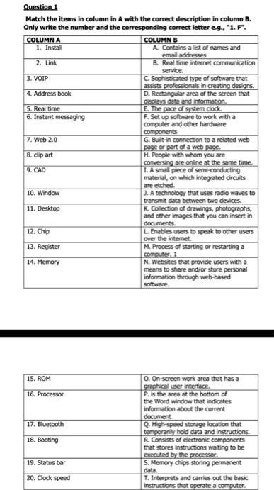 Qvestion Match The Items In Column In A With The Correct Description In Column B Only Write
