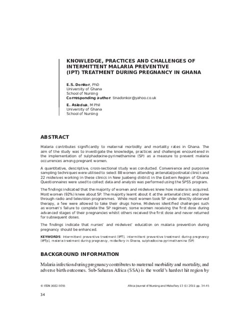 Pdf Knowledge Practices And Challenges Of Intermittent Malaria Preventive Ipt Treatment