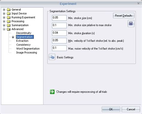 Processing Segmentation Settings