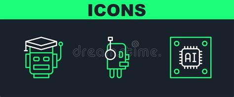 Set Line Processor With Microcircuits Cpu Robot And Icon Vector Stock Vector Illustration Of