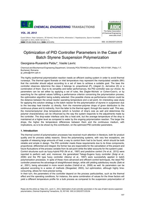 Pdf Optimization Of Pid Controller Parameters In The Case Of Batch Styrene Suspension
