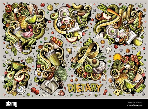 Vector Doodles Cartoon Set Of Diet Food Combinations Of Objects And Elements Stock Vector Image