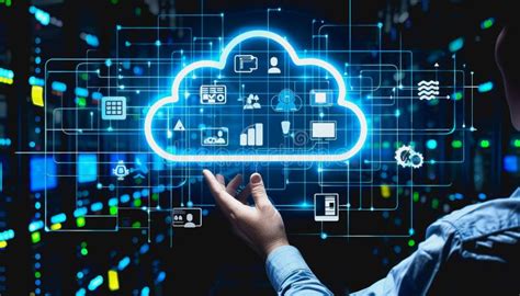 Person Using Digital Cloud Interface With Tech Icons In Data Center Stock Illustration