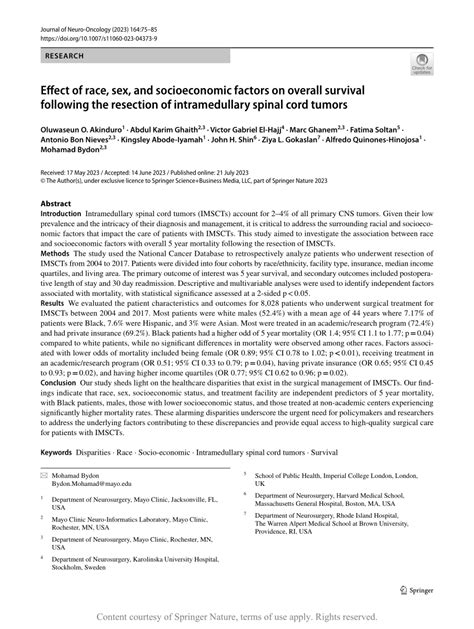 Effect Of Race Sex And Socioeconomic Factors On Overall Survival