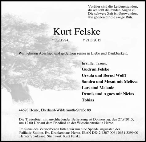 Traueranzeigen Von Kurt Felske Trauer In Nrw De