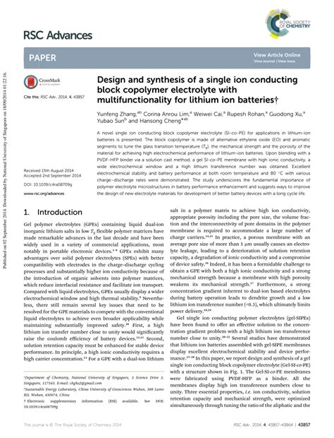 Pdf Design And Synthesis Of A Single Ion Conducting Block Copolymer