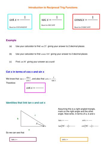 A Level Maths Reciprocal Trig Functions Worksheet Teaching Resources