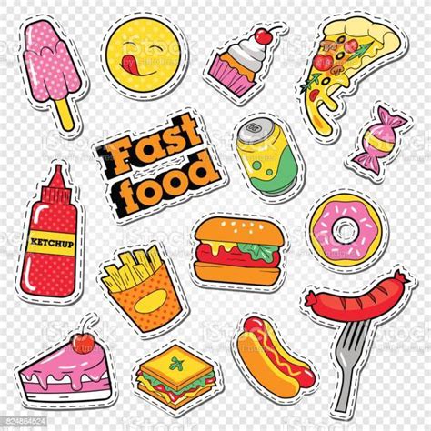 패스트 푸드 스티커 배지와 햄버거 감자 튀김 케이크와 패치 건강에 해로운 식사 감자 요리에 대한 스톡 벡터 아트 및 기타 이미지 감자 요리 개념 건강에 좋지 않은