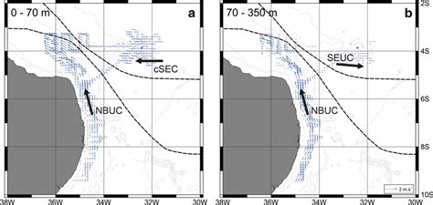 Current Vectors Of Adcp Data Integrating 0 70 A And 70 350 B M