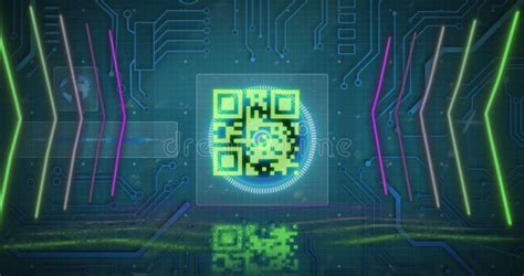 Image Of Qr Code Over Circles With Arrows Against Circuit Board Pattern And Globe Stock