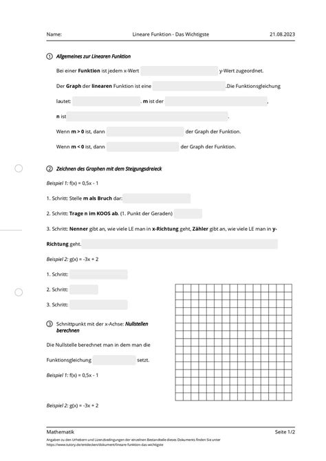 Arbeitsblatt Lineare Funktion Das Wichtigste Mathematik