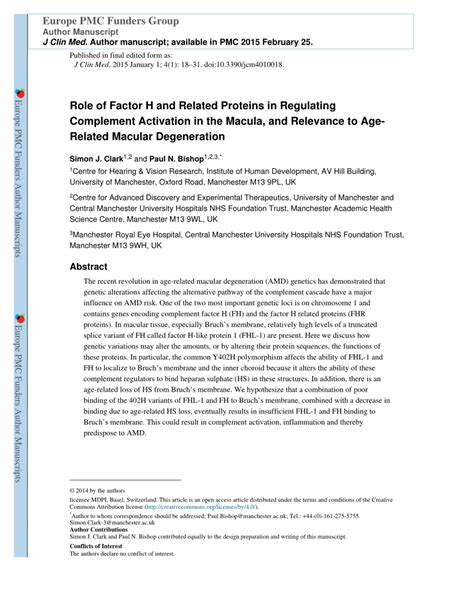 Pdf Role Of Factor H And Related Proteins In Regulating Complement Activation In The Macula