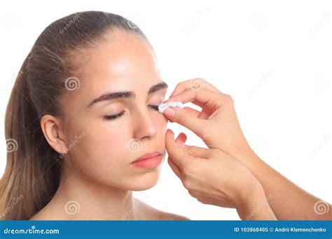Girl Taking Off Make Up With Eyes On White Isolated Background Stock Image Image Of Beauty