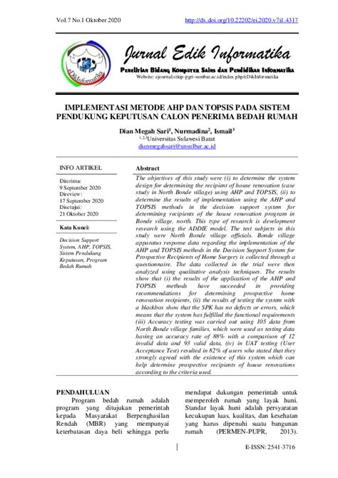 Pdf Implementasi Metode Ahp Dan Topsis Pada Sistem Pendukung Keputusan Calon Penerima Bedah Rumah