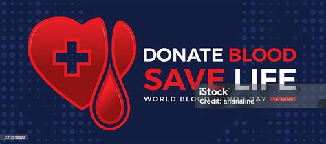 세계 기증자 혈액의 날 혈액 기부는 생명을 구합니다 텍스트 및 빨간 심장 십자가 기호 및 Drob 혈액 기호 점 질감 진한 파란색 배경 벡터 디자인 14에 대한 스톡 벡터