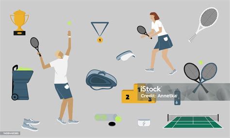 평면 디자인 스타일로 설정된 테니스 아이콘 남자와 여자 선수 라켓 코트 그물 상금 컵 메달 받침대 가방 신발 물병 태양 모자 공이있는 상자 손목 끈 수집품 녹색 잔디 또는