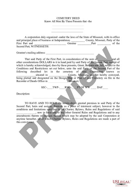 Deed For Cemetery Plot Us Legal Forms