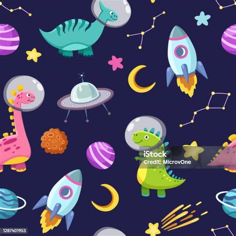공간 원활한 패턴의 디노 귀여운 드래곤 캐릭터 별 행성과 은하를 여행 공룡 키즈 만화 벡터 배경 공룡에 대한 스톡 벡터 아트 및 기타 이미지 Istock