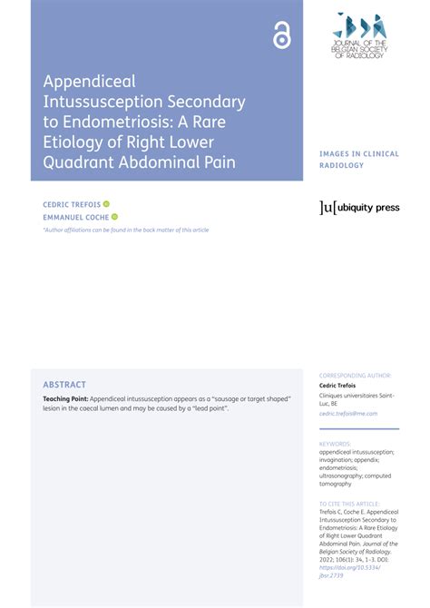Pdf Appendiceal Intussusception Secondary To Endometriosis A Rare Etiology Of Right Lower