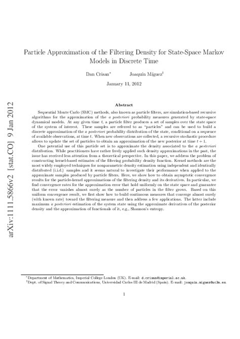 Pdf Particle Approximation Of The Filtering Density For State Space