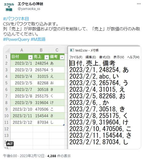 「売上」が数値の行のみ取り込む｜power query（m言語）入門