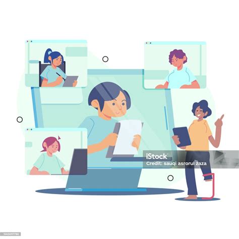 비즈니스 미팅을하는 사람들 다양한 인종 및 장애인과의 가상 회의 벡터 평면 일러스트평면 만화 벡터 일러스트 레이 션 개념에 대한
